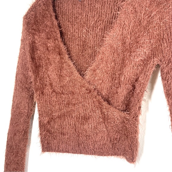 Sweaters | Brown Fuzzy Furry Faux Wrap Crop Sweater | Poshmark